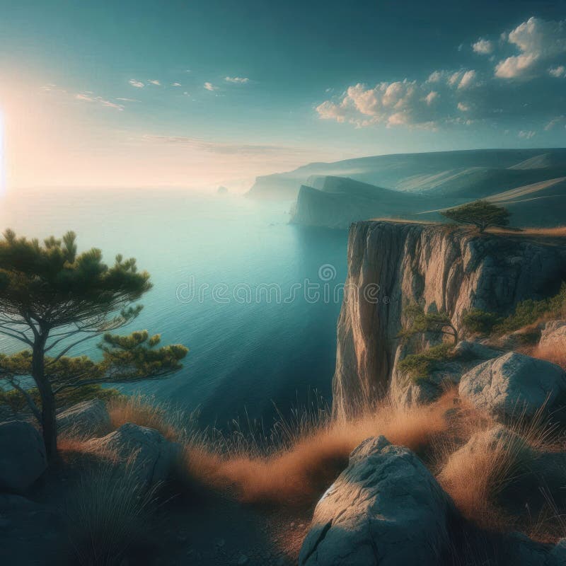 Sea Views from a High Rocky Cliff at Sunset. Stock Photo - Image of ...