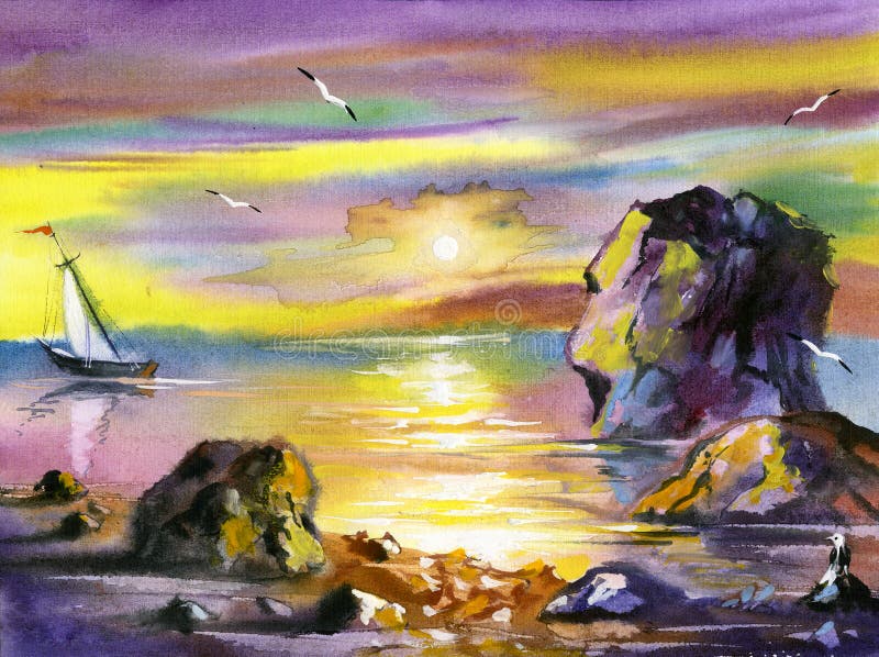 Sea water colour landscape stock illustration. Illustration of vessel ...