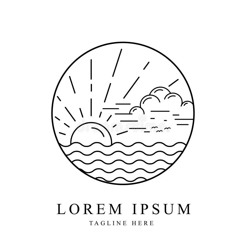 Sea Water and Sunset, Line Art Style Design Stock Vector - Illustration ...