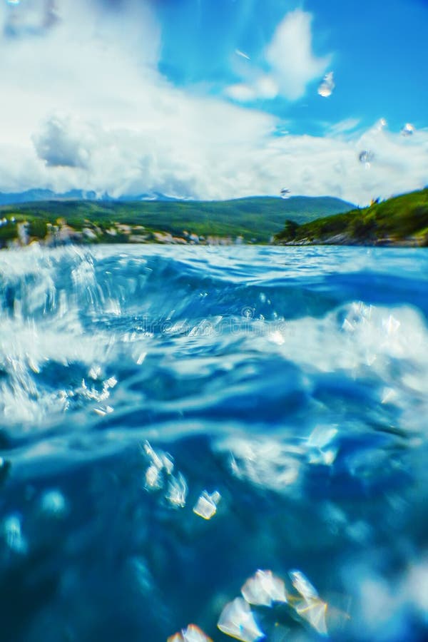 Sea Wave Close-up, Low Angle View Tropical Island on the Surface Stock ...