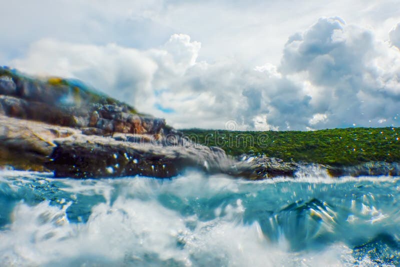 Sea Wave Close-up, Low Angle View Tropical Island on the Surface Stock ...