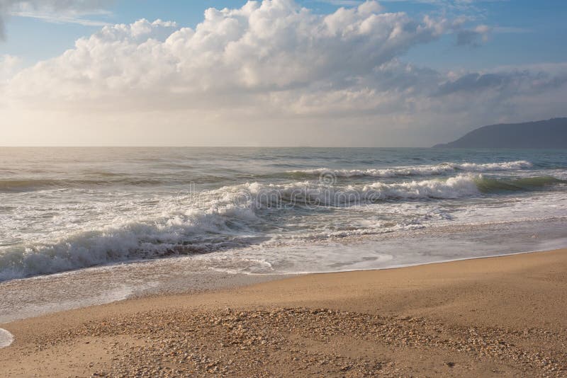 Sea Wave and Pebble on the Sand Beach with Sunlight. Natural ...