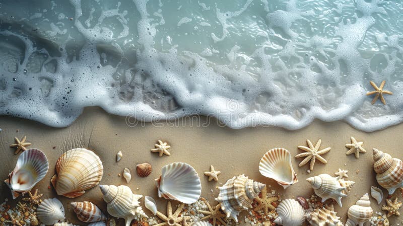 Sea Wave on a Sandy Shore with Shells, Top View. Stock Image - Image of ...