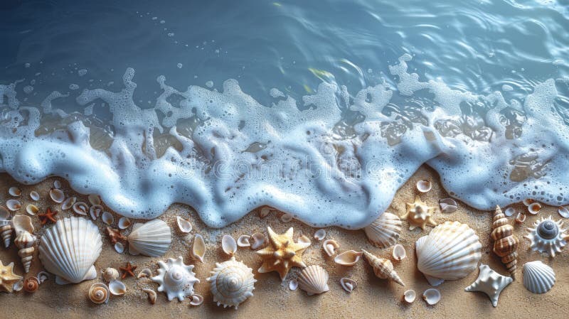 Sea Wave on a Sandy Shore with Shells, Top View. Stock Image - Image of ...
