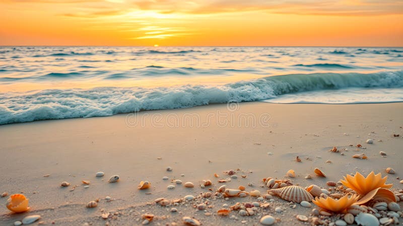 Sea Wave with Shells on the Beach at Sunset. Beautiful Sunset on the ...