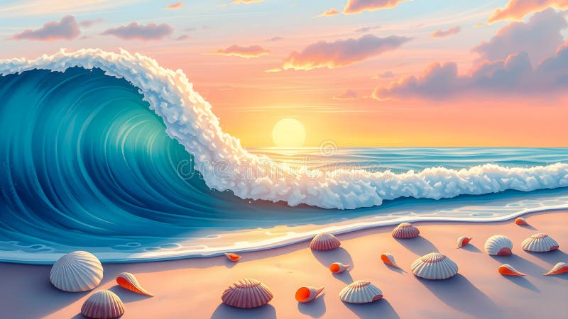 Sea Wave with Shells on the Beach at Sunset. Stock Image - Image of ...