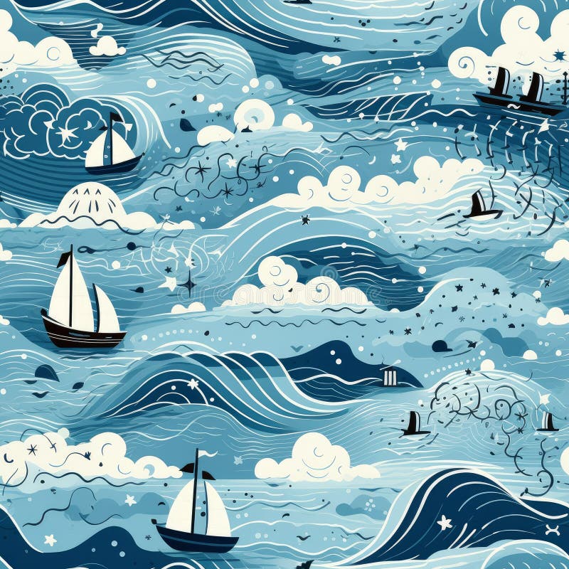 Sea Wave Ship Seamless Pattern. Generate Ai Stock Illustration ...