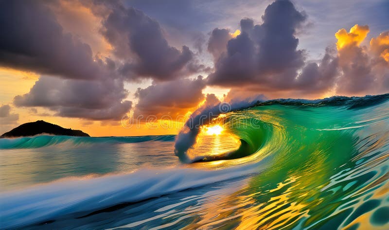 Sea wave tube at sunset stock illustration. Illustration of coast ...