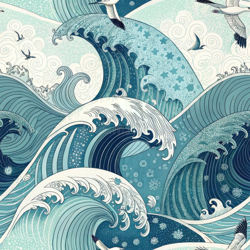 Sea Waves with Birds Artistic Design Stock Image - Image of artistic ...