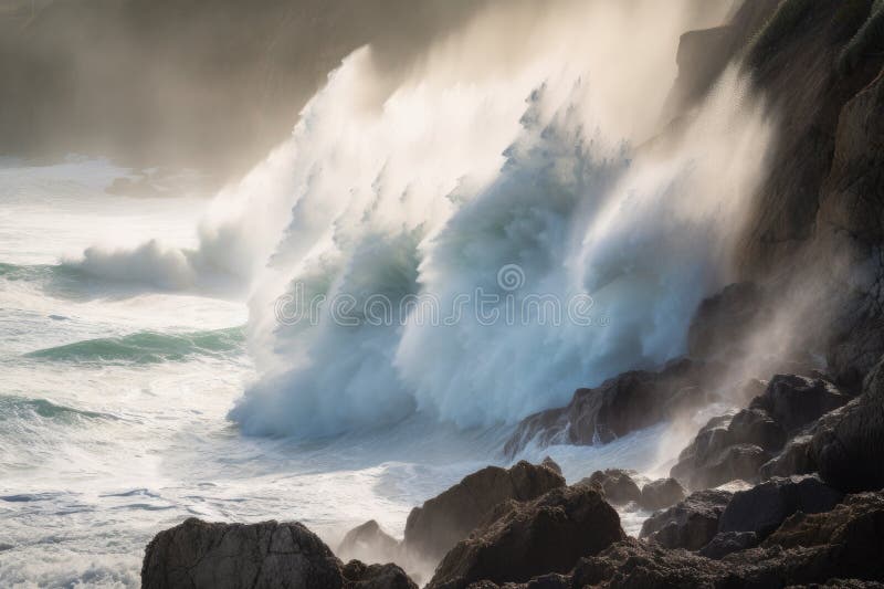 Sea Waves Crashing Against the Cliff Face, with Spray Flying Stock ...