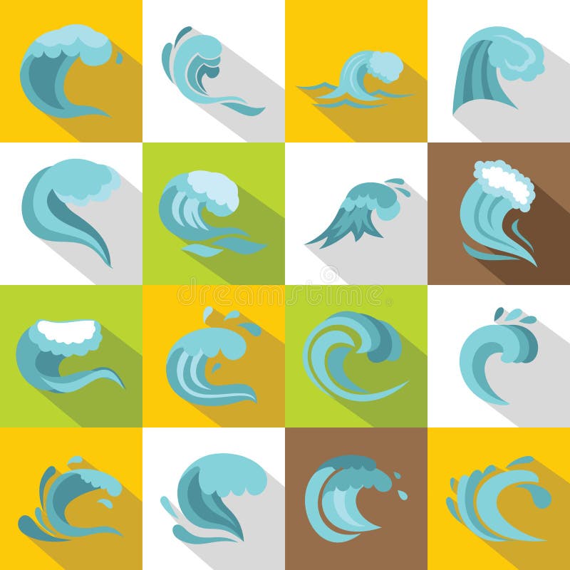 Sea Waves Icons Set, Flat Style Stock Illustration - Illustration of ...