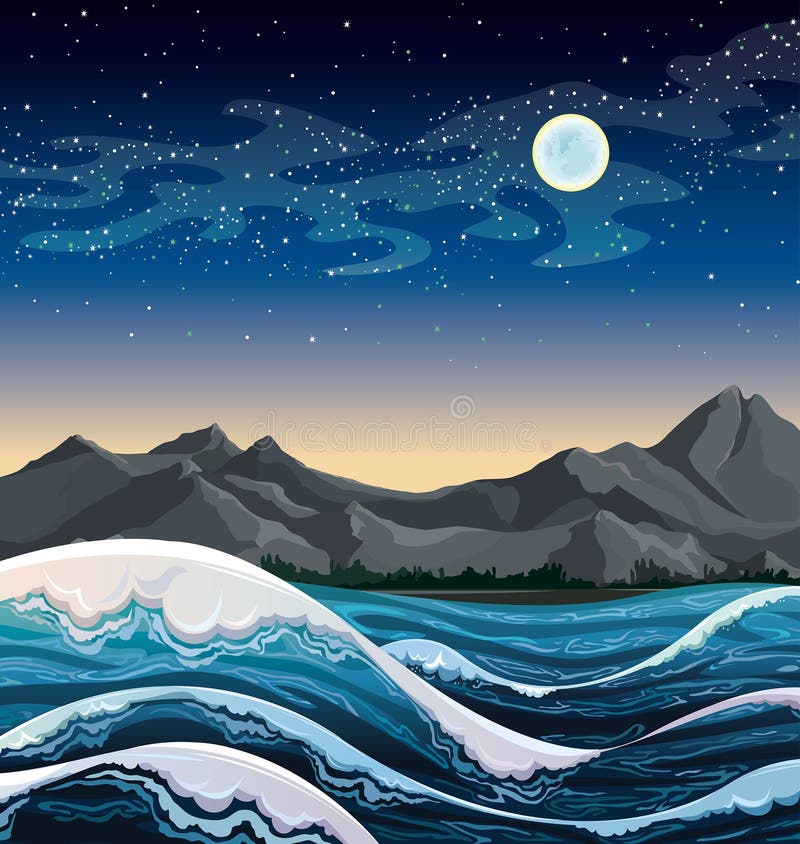 Sea with Waves and Night Sky. Stock Illustration - Illustration of ...