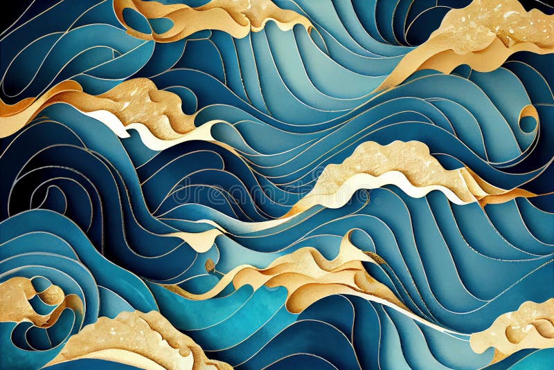 Sea Waves Pattern Abstract Background, Blue and Gold Volumetric Waves ...