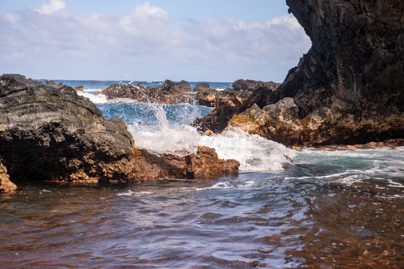 Sea Waves and Rock on the Beach. Stock Image - Image of atlantic, dusk ...
