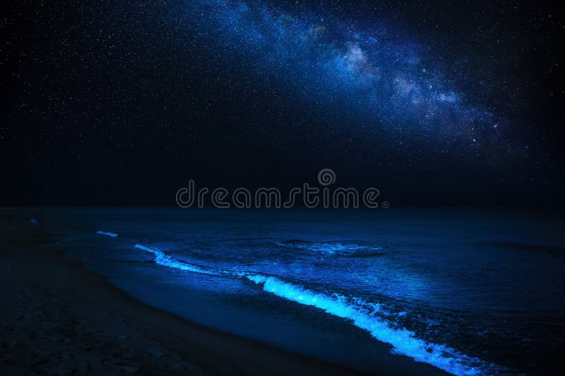 Sea Waves Rolling Onto Sandy Beach Under Starry Sky at Night Stock ...