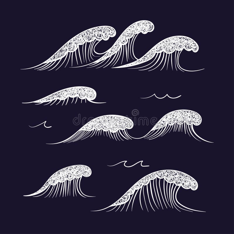 Hand Drawn Ocean Waves Vector Set Sea Storm Wave Isolated Stock ...