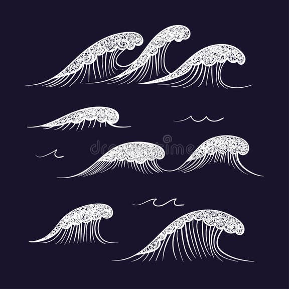 Hand Drawn Ocean Waves Vector Set Sea Storm Wave Isolated Stock ...