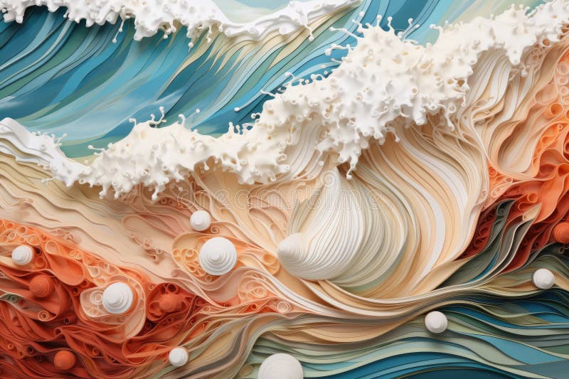Sea Waves and Shells in an Abstract Interpretatio Stock Illustration ...
