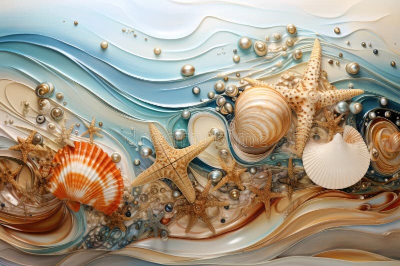 Sea Waves and Shells in an Abstract Interpretatio Stock Illustration ...
