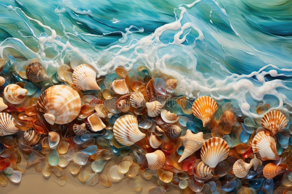Sea Waves and Shells in an Abstract Interpretatio Stock Illustration ...
