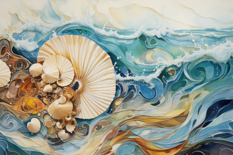 Sea Waves and Shells in an Abstract Interpretatio Stock Illustration ...