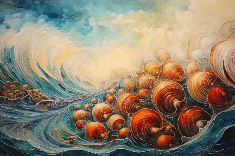 Sea Waves and Shells in an Abstract Interpretatio Stock Illustration ...