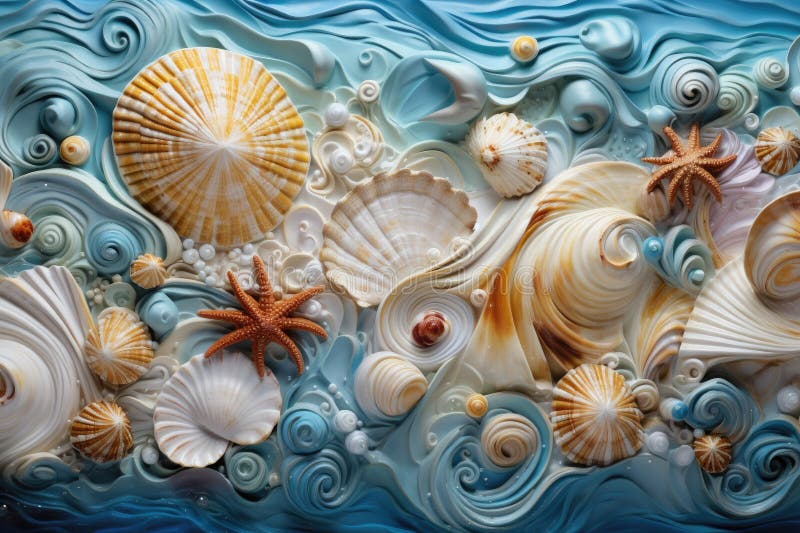 Sea Waves and Shells in an Abstract Interpretatio Stock Illustration ...