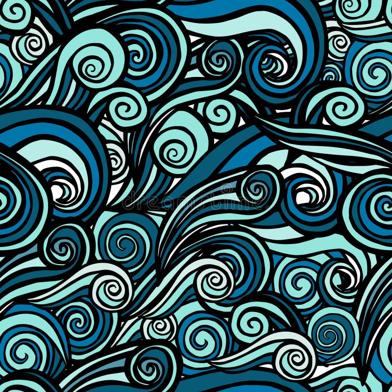 Sea Waves Sketch Pattern. Ocean Surf Wave Hand Drawn Seamless Pattern ...