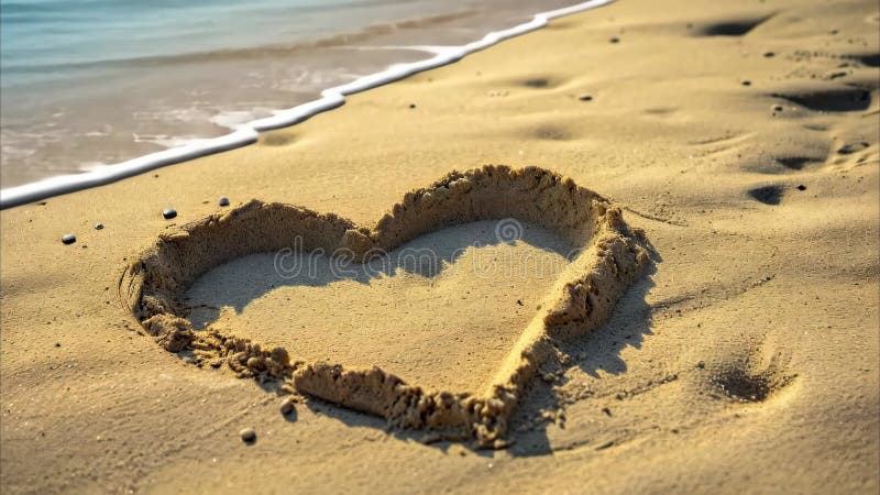 Sea Waves Sweep the Heart Shaped Written on the Sand. Slow Motion. 4k ...
