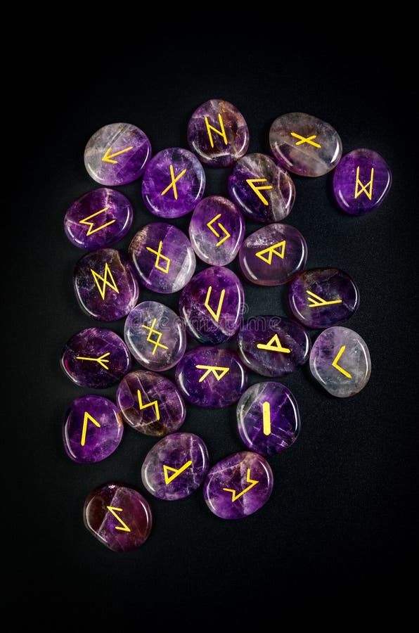 Set of Amethyst Rune Stones on the Black Background Stock Image - Image ...