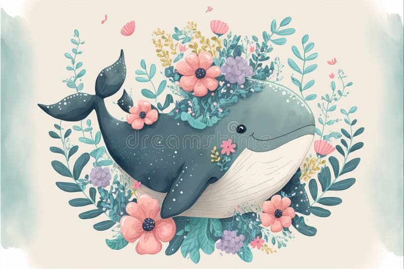 Sea Whale with Wreath of Flowers Stock Illustration - Illustration of ...