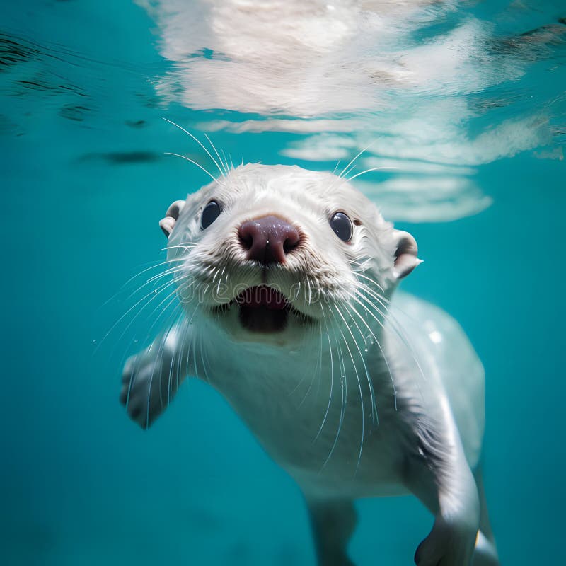 Sea, White Otter Swims Underwater and Looks Directly at the Camera ...
