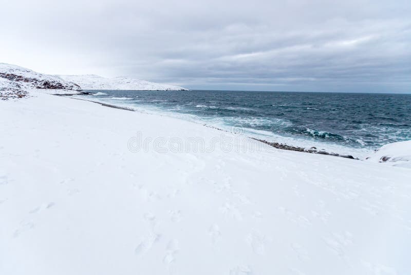 Sea on Wintertime. Snow on the Beach Stock Image - Image of ocean ...