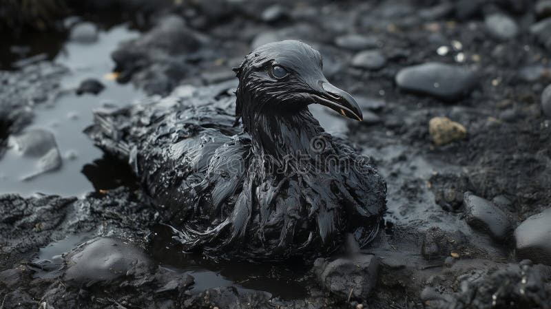 Seabird Covered in Crude Oil Suffering from Environmental Disaster ...