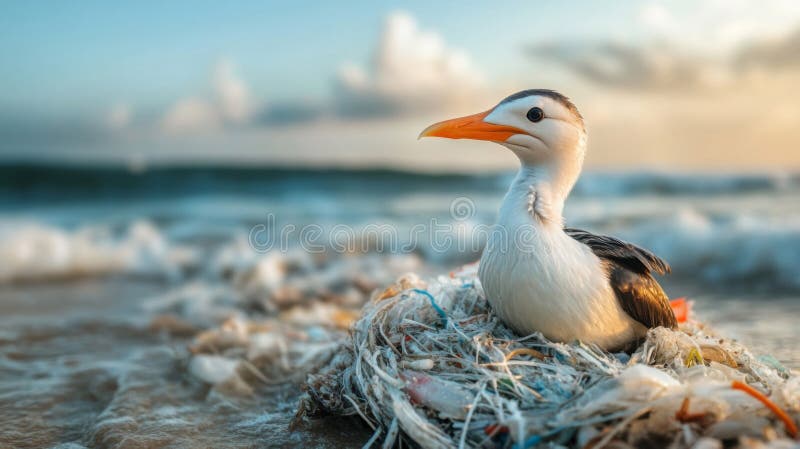 Seabird Nestled in Ocean Plastic Waste Stock Illustration ...