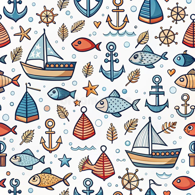 Seafaring Cartoon Pattern with Ships, Fish, Anchors, and Nautical ...