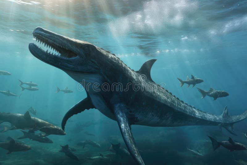 A Seafaring Plesiosaurus Swimming Alongside Giant Sea Monsters. Stock ...