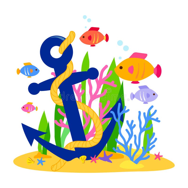 Sea and Ocean Theme with Boat Anchor, Fish, Starfish and Corals. Blue ...