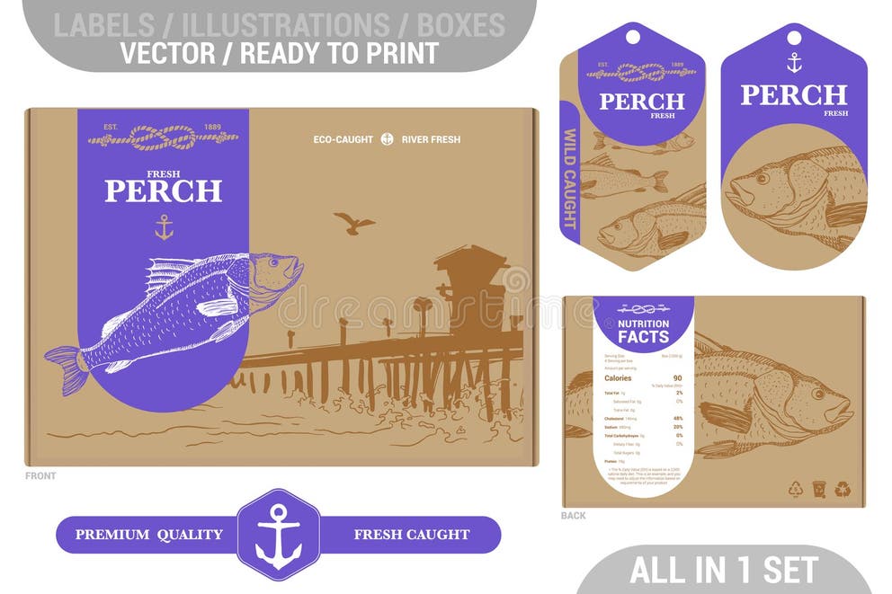 River Fish Perch Packaging Design Set - Vector Illustration with Labels ...