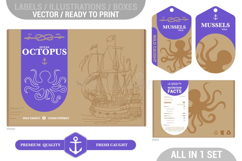 Octopus Seafood Packaging Design Set - Vector Illustration with Labels ...