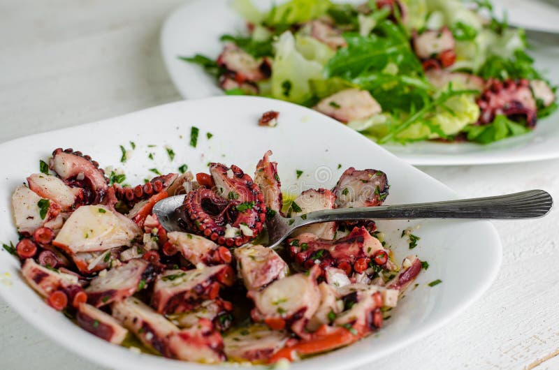Seafood Appetizer. Octopus Salad Cooking Process. Mediterranean ...