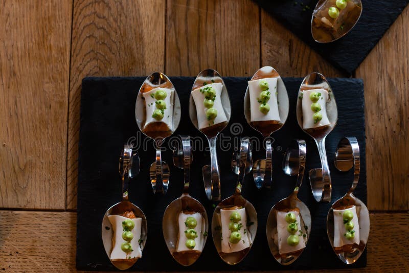 Seafood Appetizers on Spoon. Snacks in Spoons. Stock Photo - Image of ...