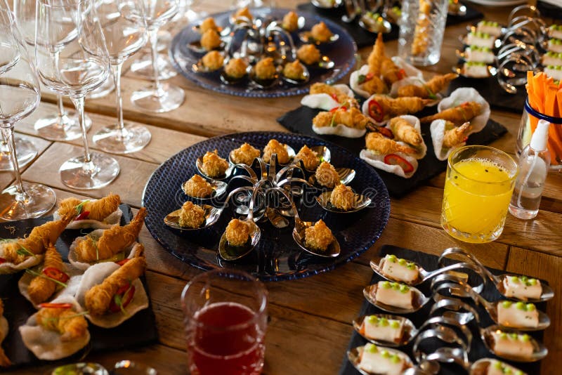 Seafood Appetizers on Spoon. Snacks in Spoons. Stock Image - Image of ...