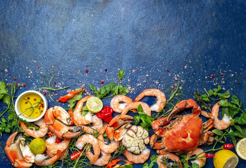 Seafood Background on Trendy Classic Blue Background. Top View, Copy ...