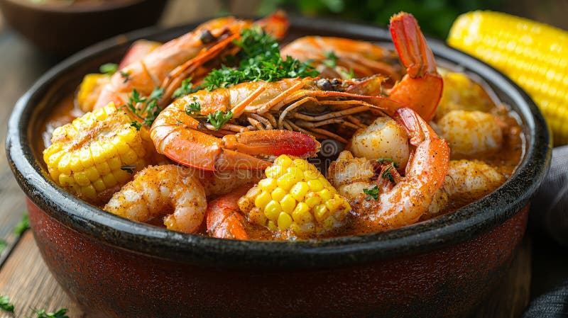 Seafood Boil in a Bowl on Wooden Table Stock Photo - Image of dinner ...