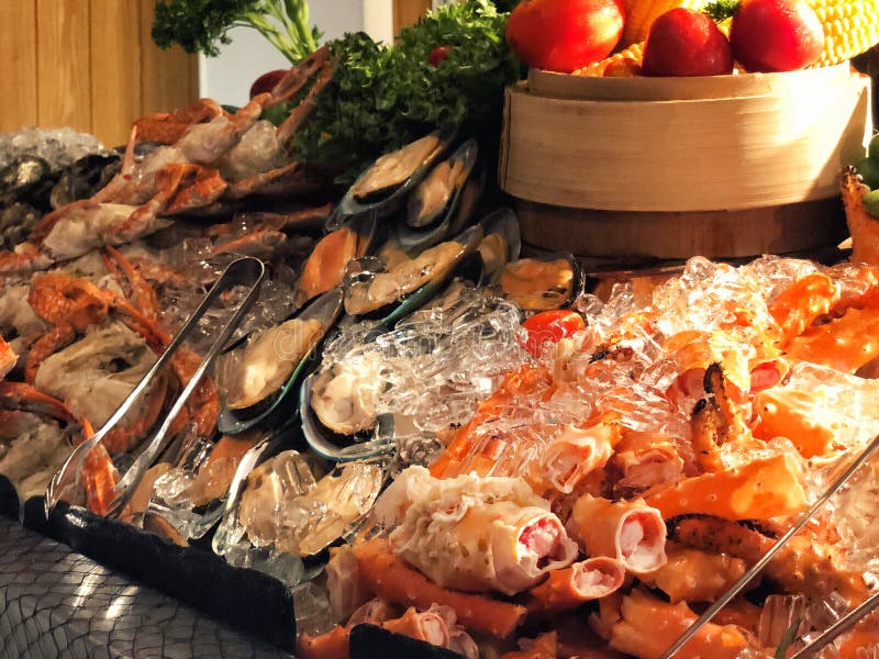 Seafood Buffet Bar of Lobster, Prawns, Squid, Mussels Stock Image ...