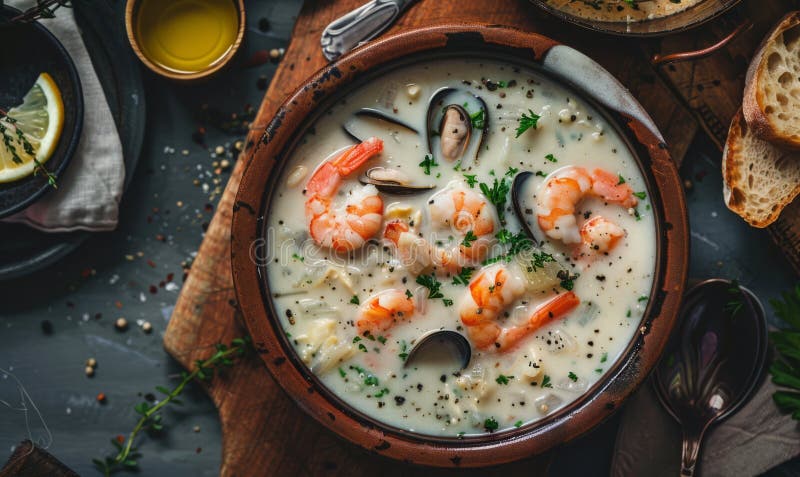 Seafood Chowder Soup on Rustic Background with Copyspace Stock ...