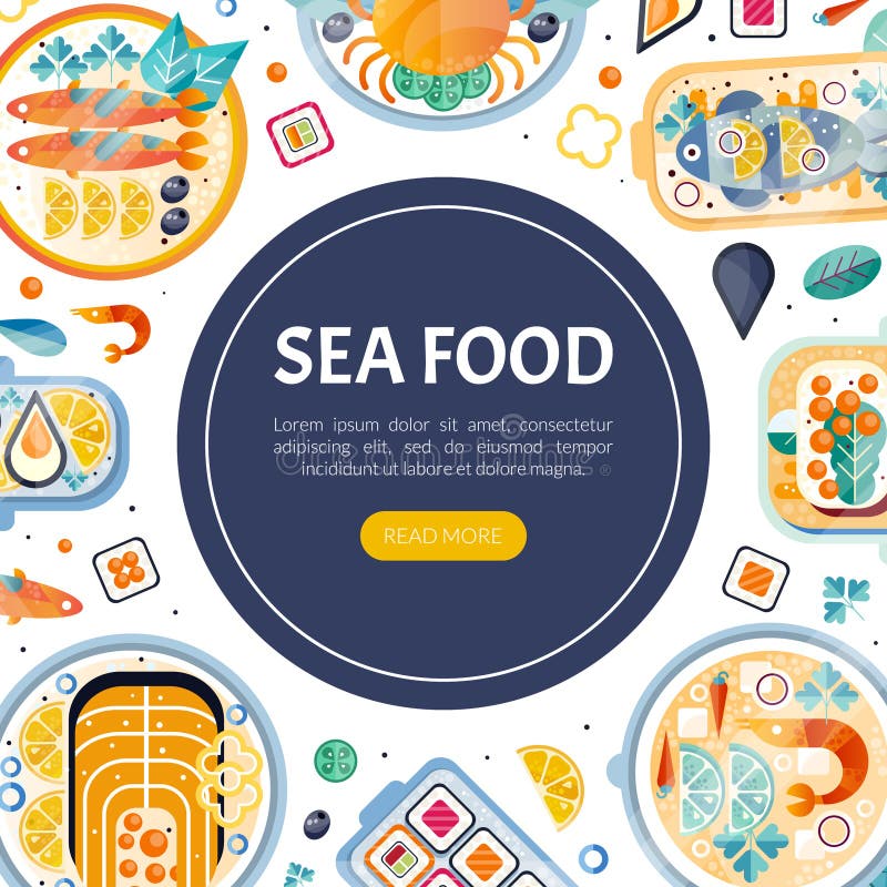 Seafood Design with Fish and Shellfish Dish Served on Plate Vector ...