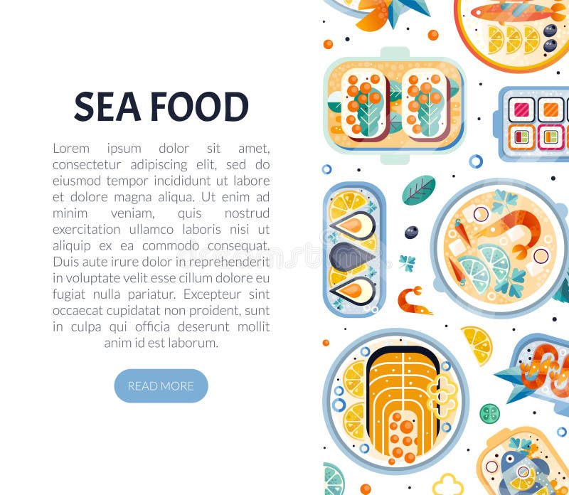 Seafood Design with Fish and Shellfish Dish Served on Plate Vector ...