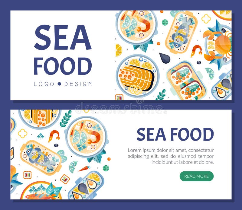 Seafood Design with Fish and Shellfish Dish Served on Plate Vector ...